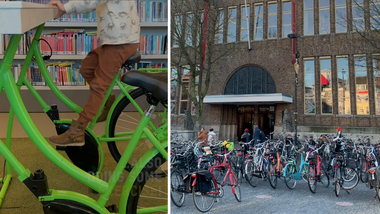 Library with cycling desks to charge devices while getting exercise